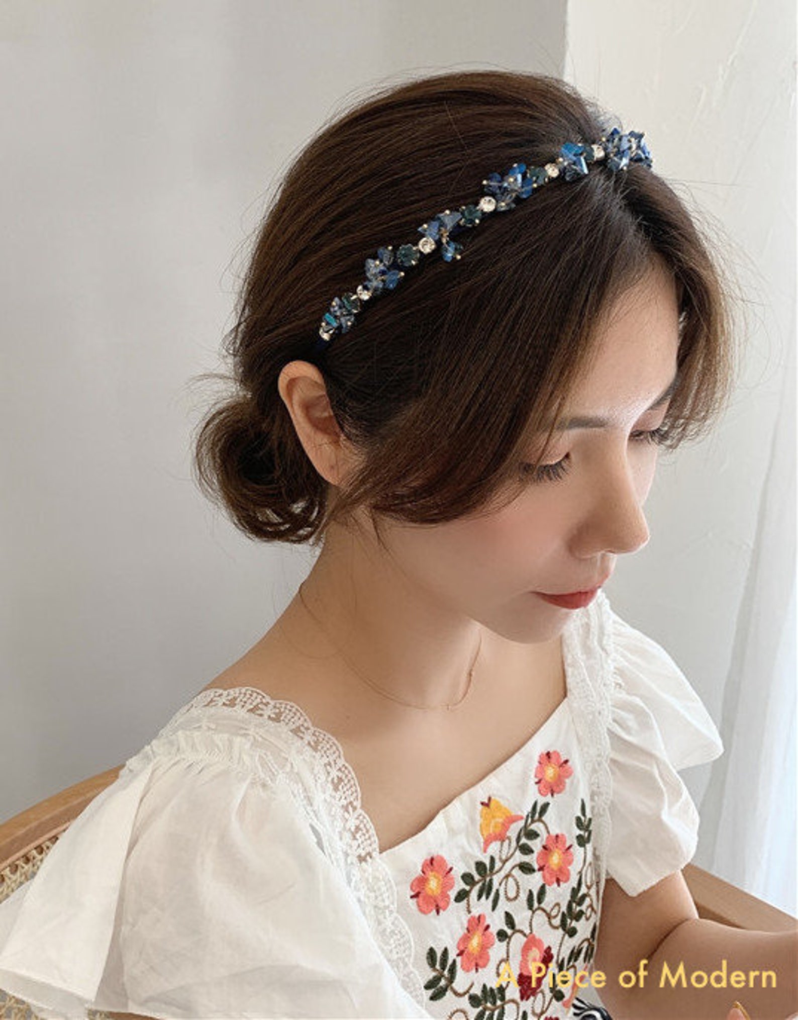 Crystal Rhinestone Embellished In Blue Thin Headband Bling Etsy
