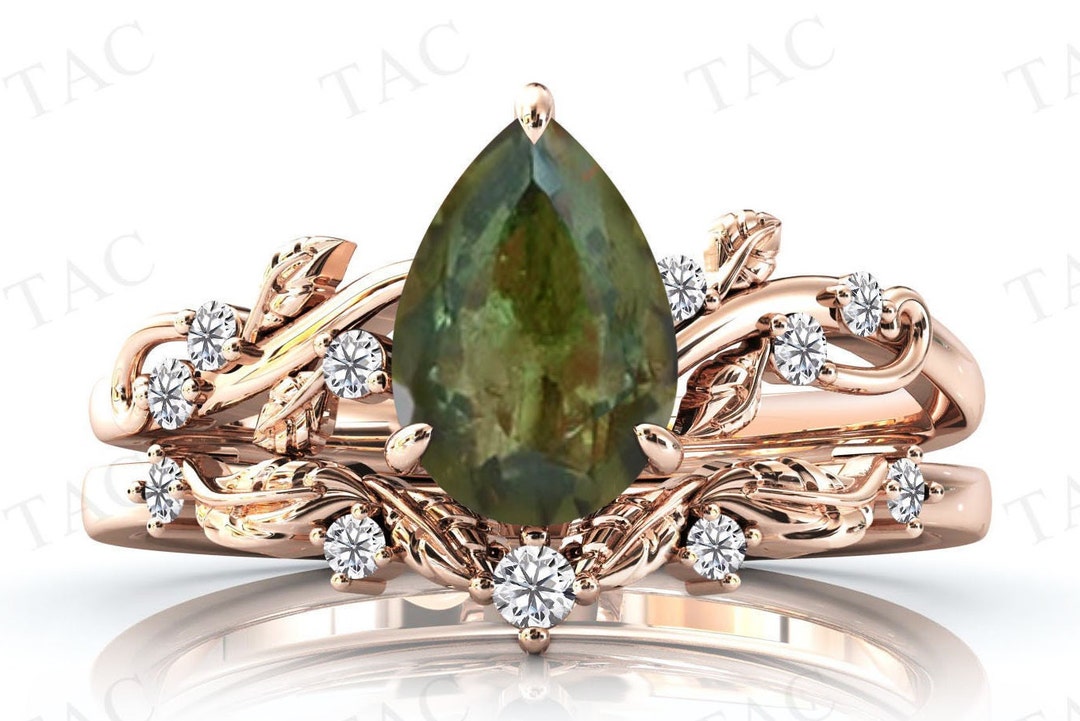 Art Deco Vine Leaf Moldavite Engagement Ring 14k Gold Moldavite Bridal ...