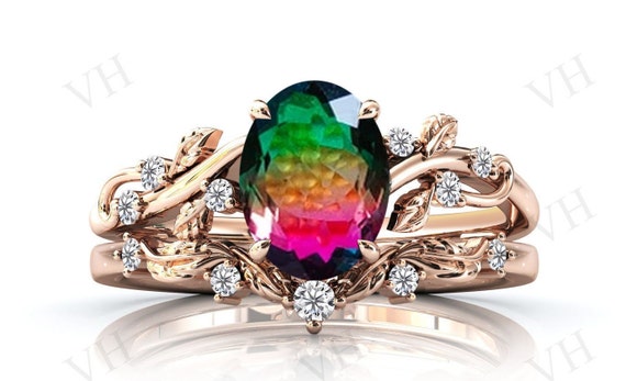 Art Deco Multi Color Tourmaline Engagement Ring Set Bio Color - Etsy