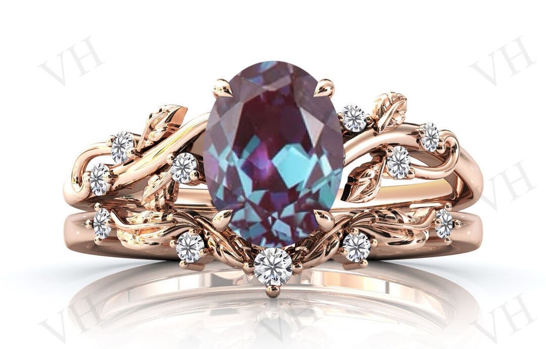 Vintage Alexandrite Engagement Ring Set Art Deco Vine Leaf Design ...