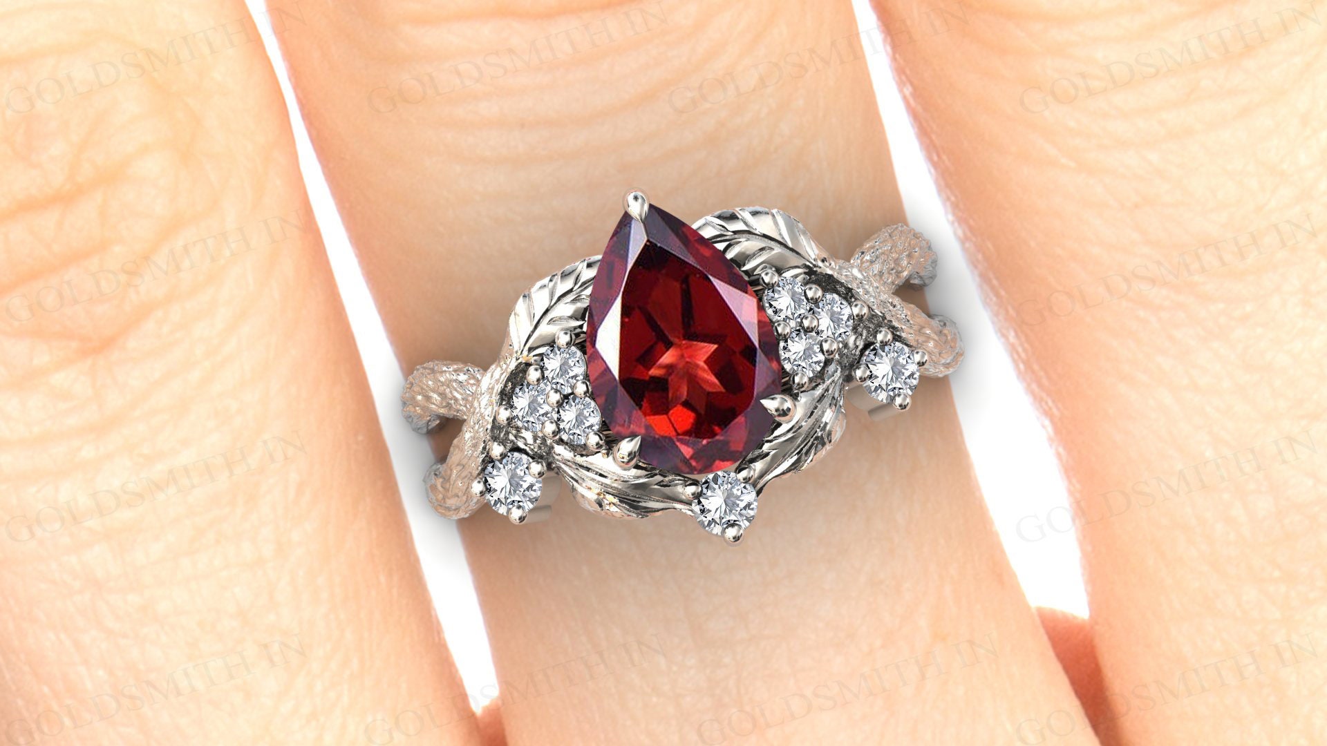 Art Deco Leaf Design Engagement Ring Branch Texture Red Garnet - Etsy