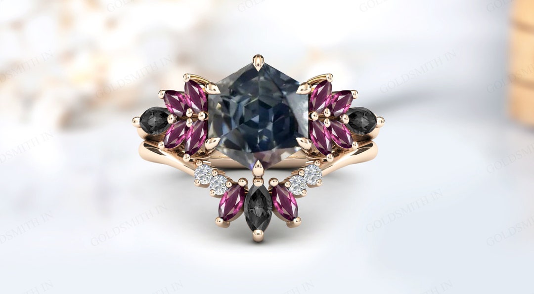 Hexagon Cut Grey Spinal Wedding Ring Set for Women Vintage Cluster ...