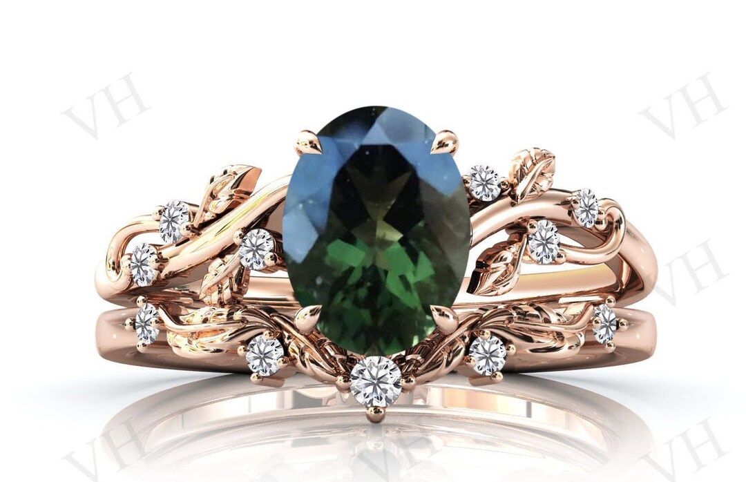 Vintage Moldavite Engagement Ring Set Oval Cut Moldavite Wedding Ring ...