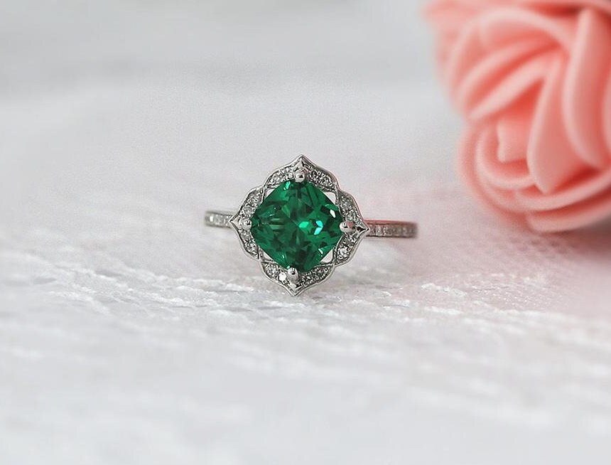 Vintage Cushion Cut Emerald Bridal Ring Art Deco Emerald - Etsy