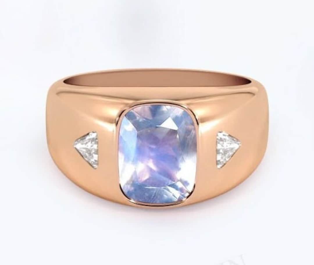 Elongated Cushion Cut Moonstone Signet Ring 14k Rose Gold Moonstone ...