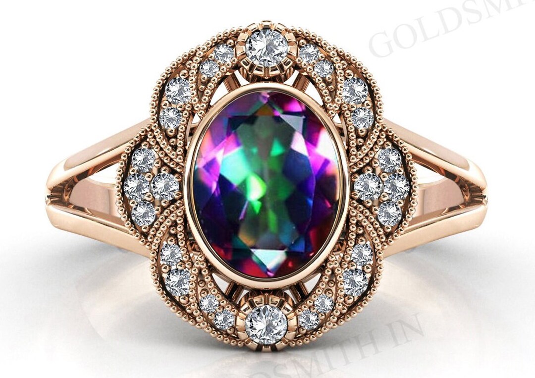 14k Rose Gold Antique Mystic Topaz Engagement Ring Bio Color Mystic ...