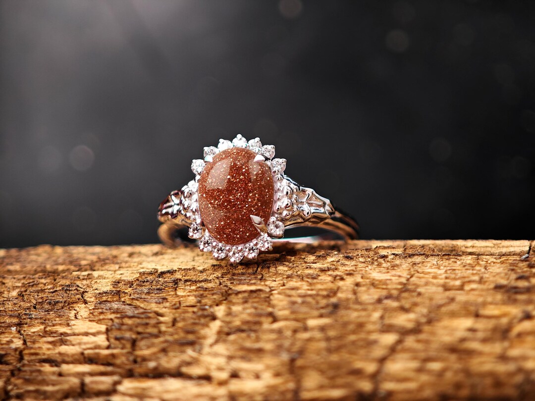 Unique Goldstone Gemstone Ring for Engagement Art Deco Halo Design Ring ...
