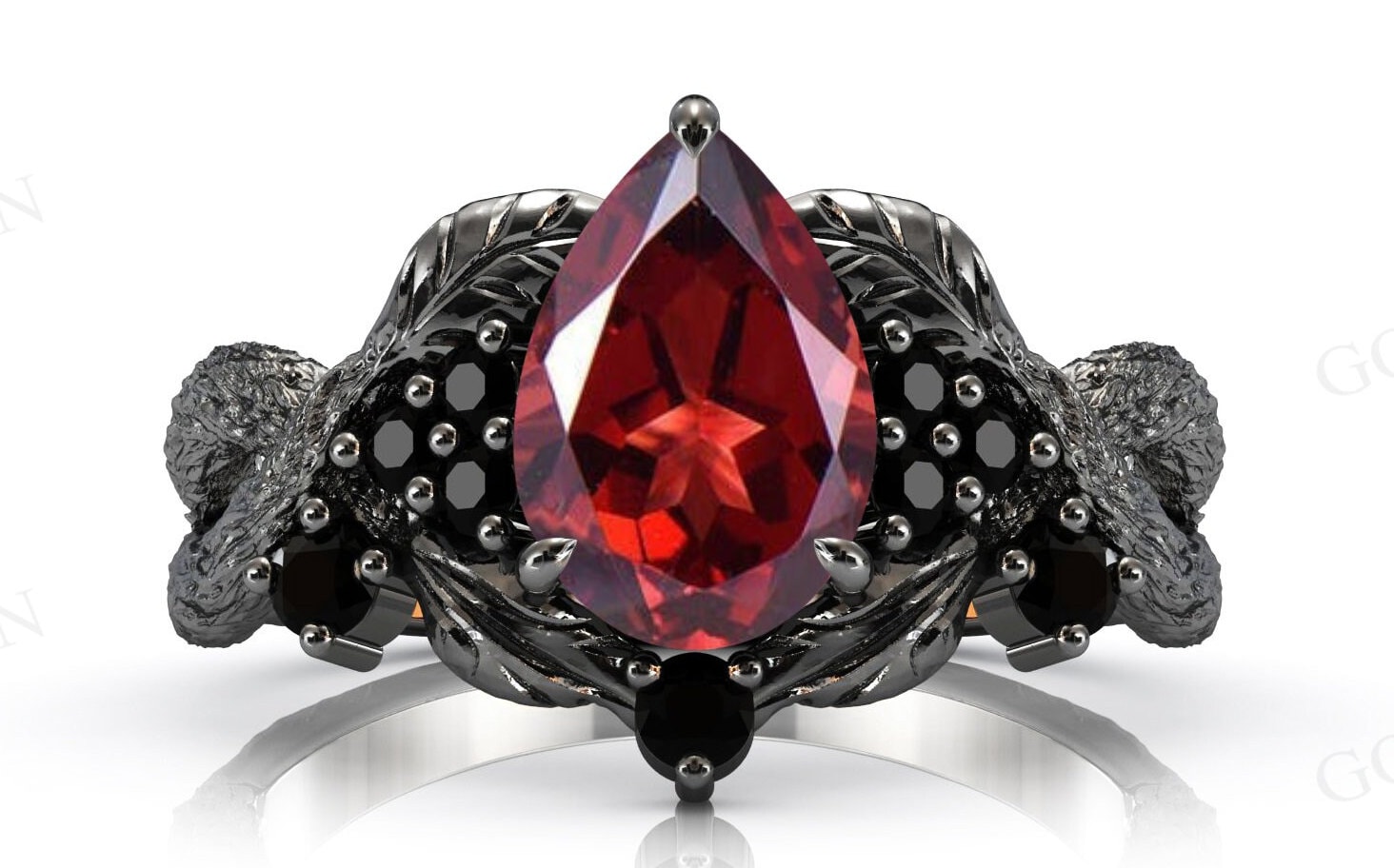 Art Deco Leaf Design Engagement Ring Branch Texture Red Garnet - Etsy