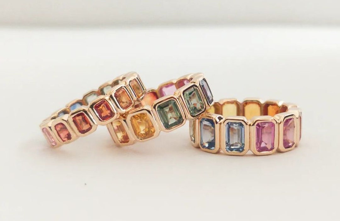 14k Gold Multi Sapphire Band Vintage Bridal Band Emerald Cut Bezel Set ...