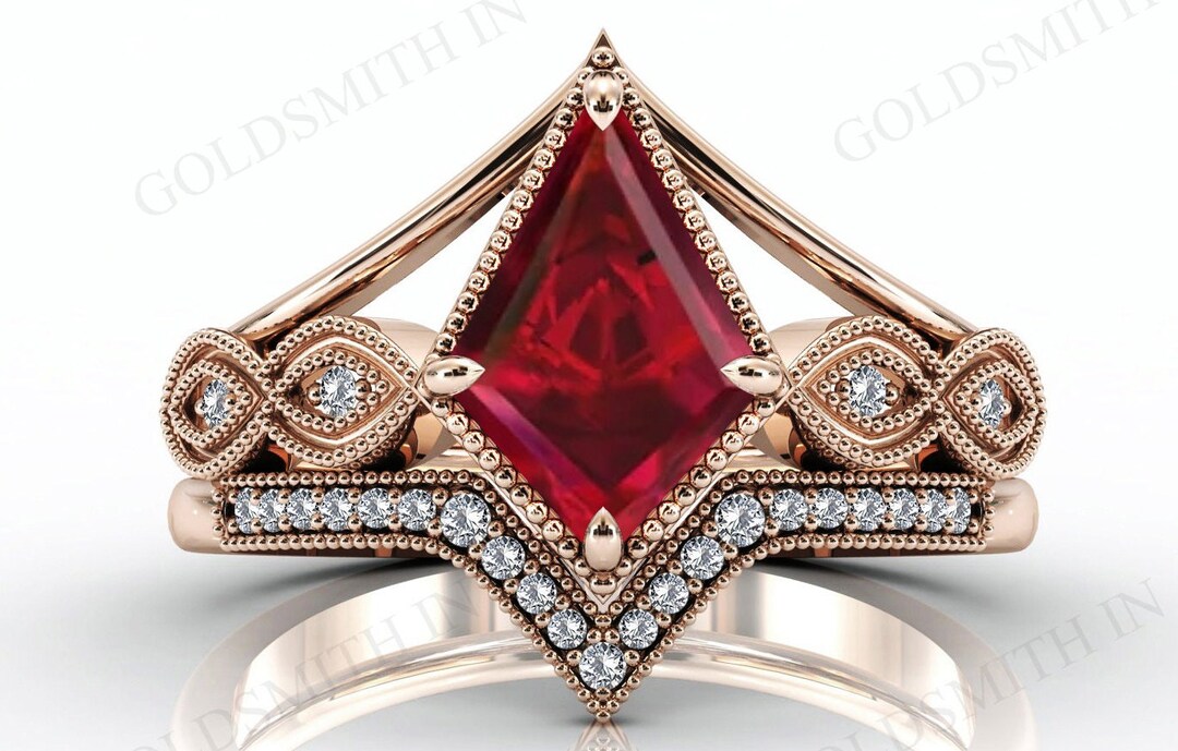 Art Deco Kite Shaped Ruby Engagement Ring Set 2 Piece Ruby Wedding Ring ...