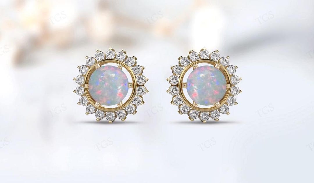 Natural White Opal Stud Earrings for Her 14k Rose Gold Opal Earrings ...