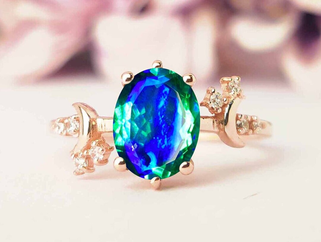 Unique Peacock Quartz Gemstone Ring for Women Art Deco Engagement Ring ...