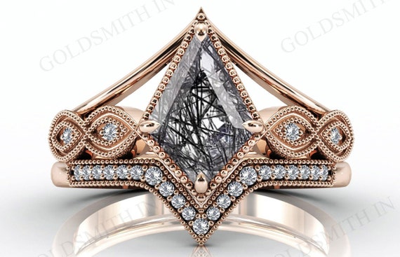 Black Rutilated Quartz Engagement Ring Set Kite Shaped Rutile - Etsy