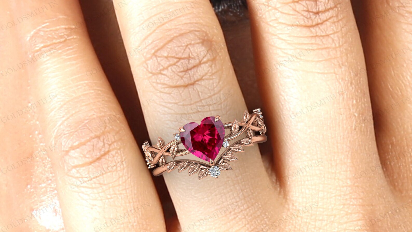 Vine Leaf Style Ruby Engagement Ring Set for Women Art Deco Heart Shape ...