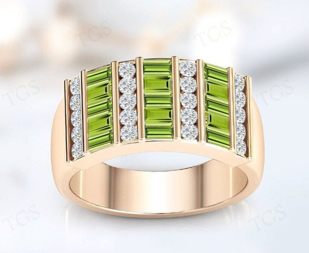 Vintage Peridot Baguette Engagement Ring for Men 14k Rose Gold Peridot ...