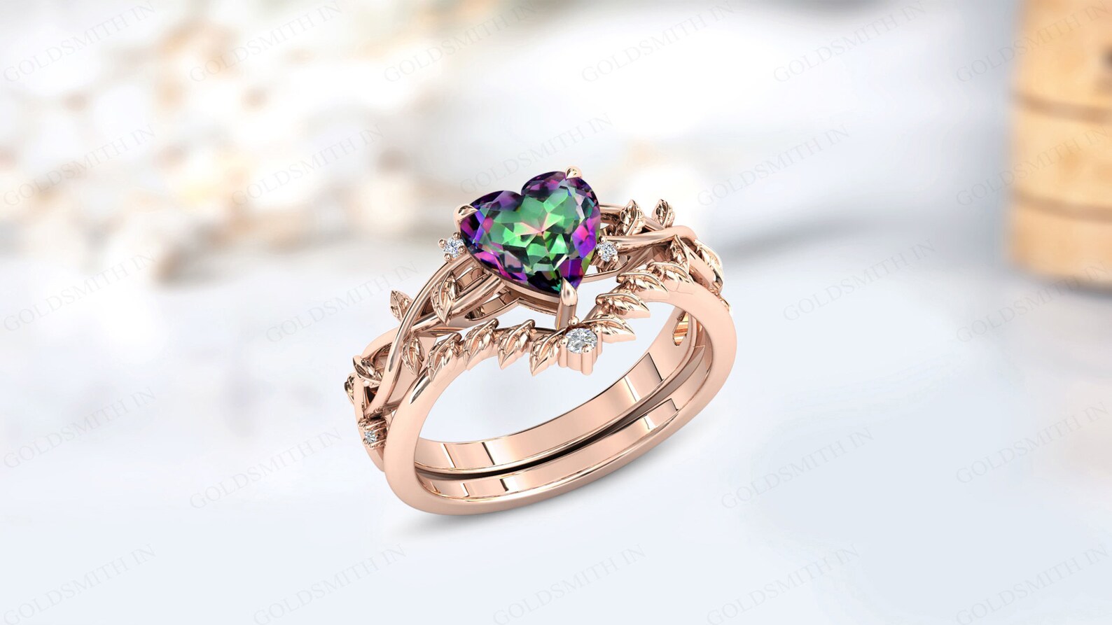 Bio Color Mystic Topaz Wedding Ring Set for Women Vintage Leaf Style ...