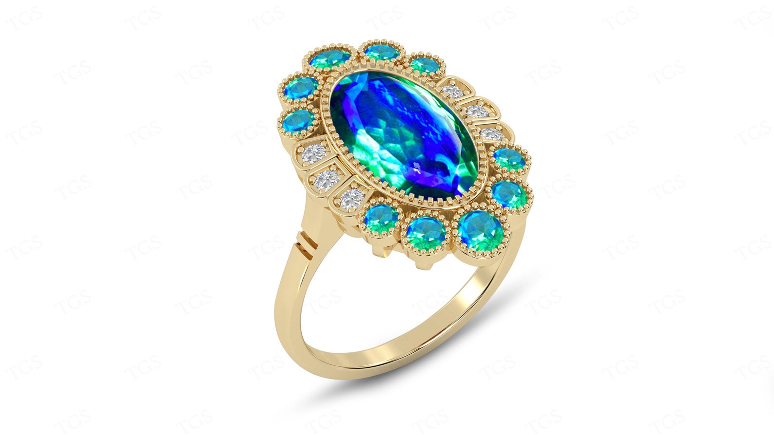 Vintage Bio Color Peacock Quartz Engagement Ring Art Deco Large ...