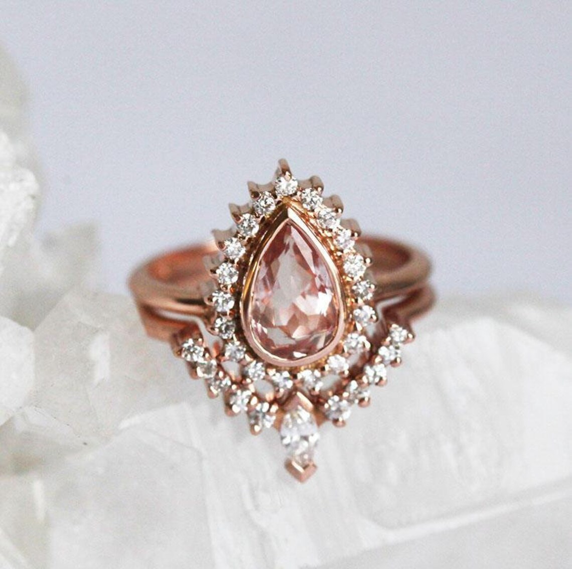 Unique Halo Morganite Engagement Ring Set 14k Rose Gold | Etsy