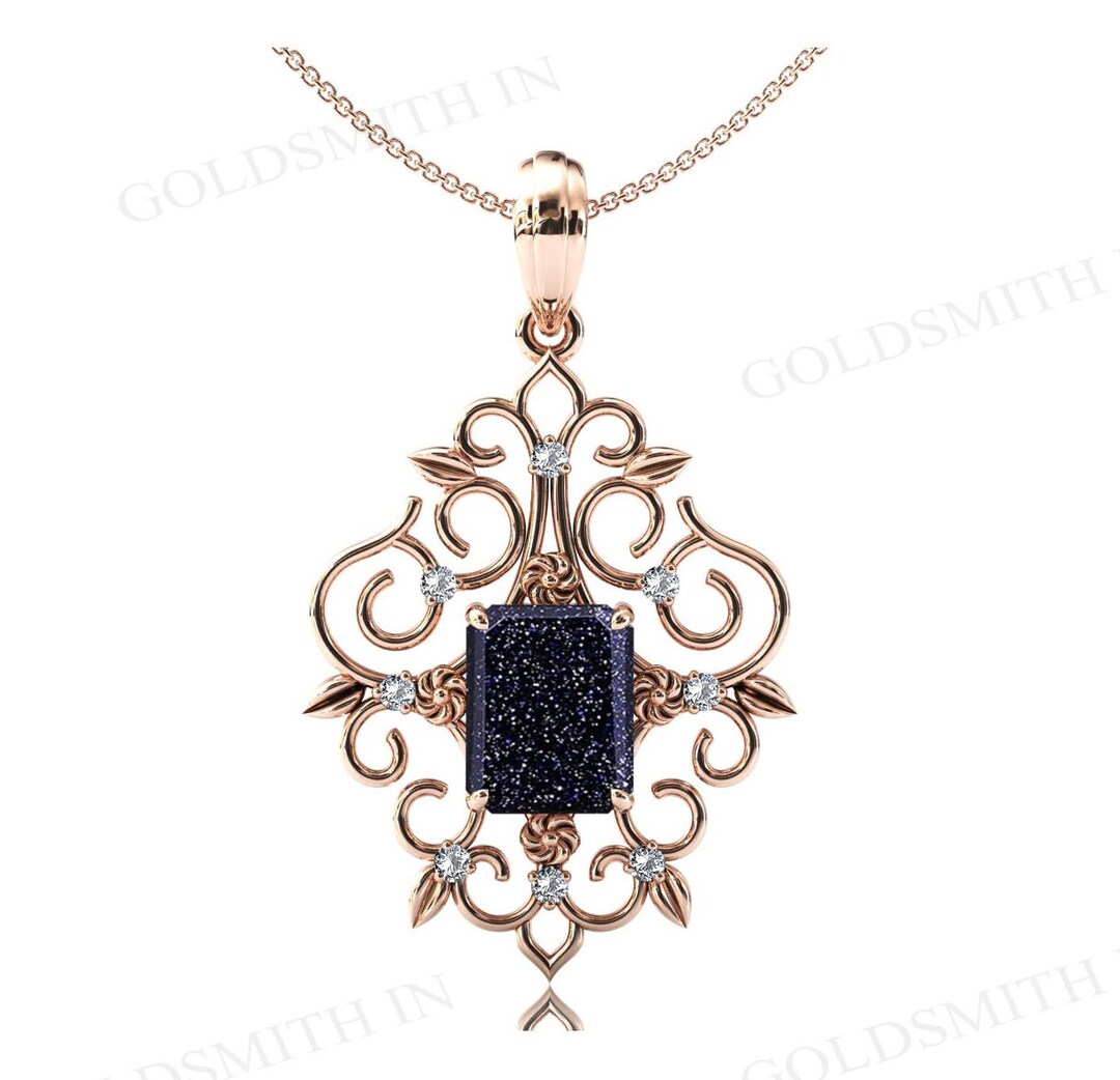 Art Deco Emerald Shaped Blue Sandstone Pendant Antique Filigree Design ...