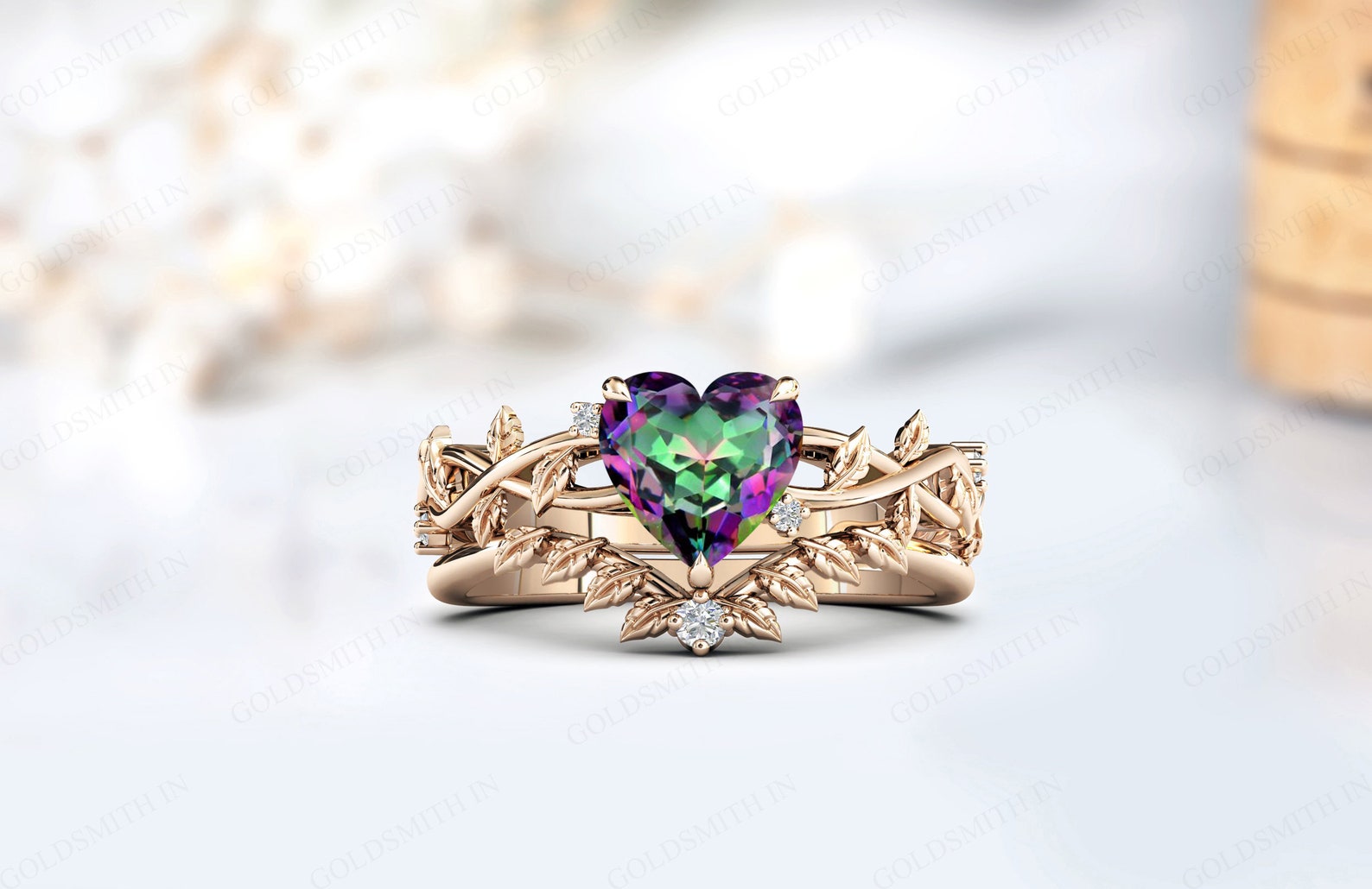 Bio Color Mystic Topaz Wedding Ring Set for Women Vintage Leaf Style ...