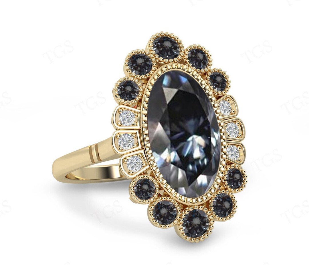 Vintage Grey Spinal Engagement Ring for Women Art Deco Large Gemstone ...