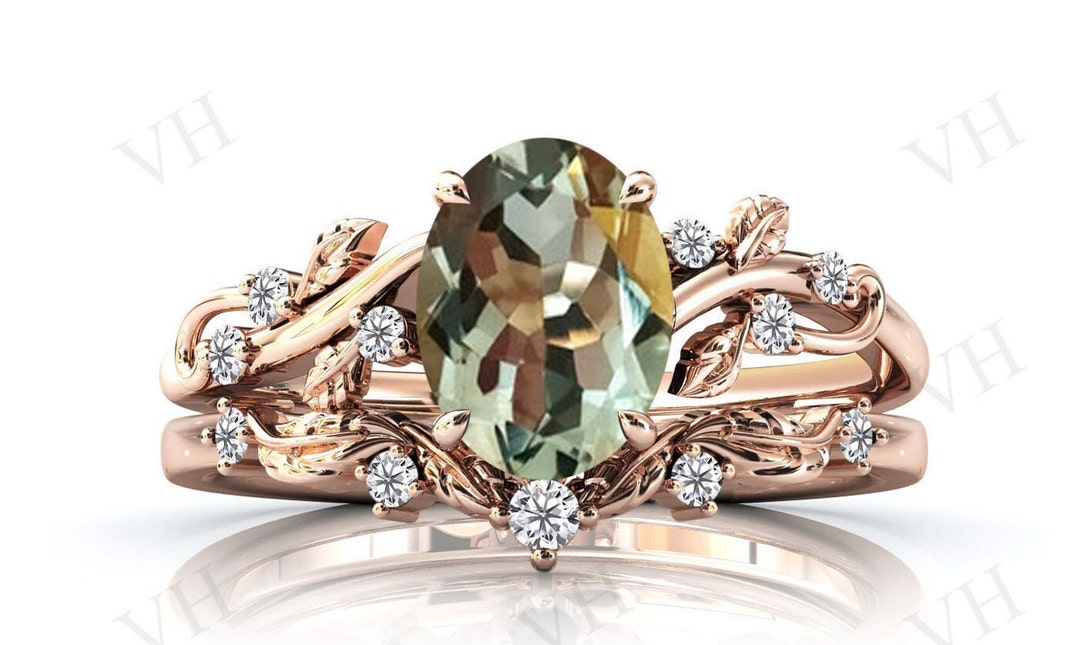 Antique Green Amethyst Engagement Ring Set Art Deco Anniversary Ring ...
