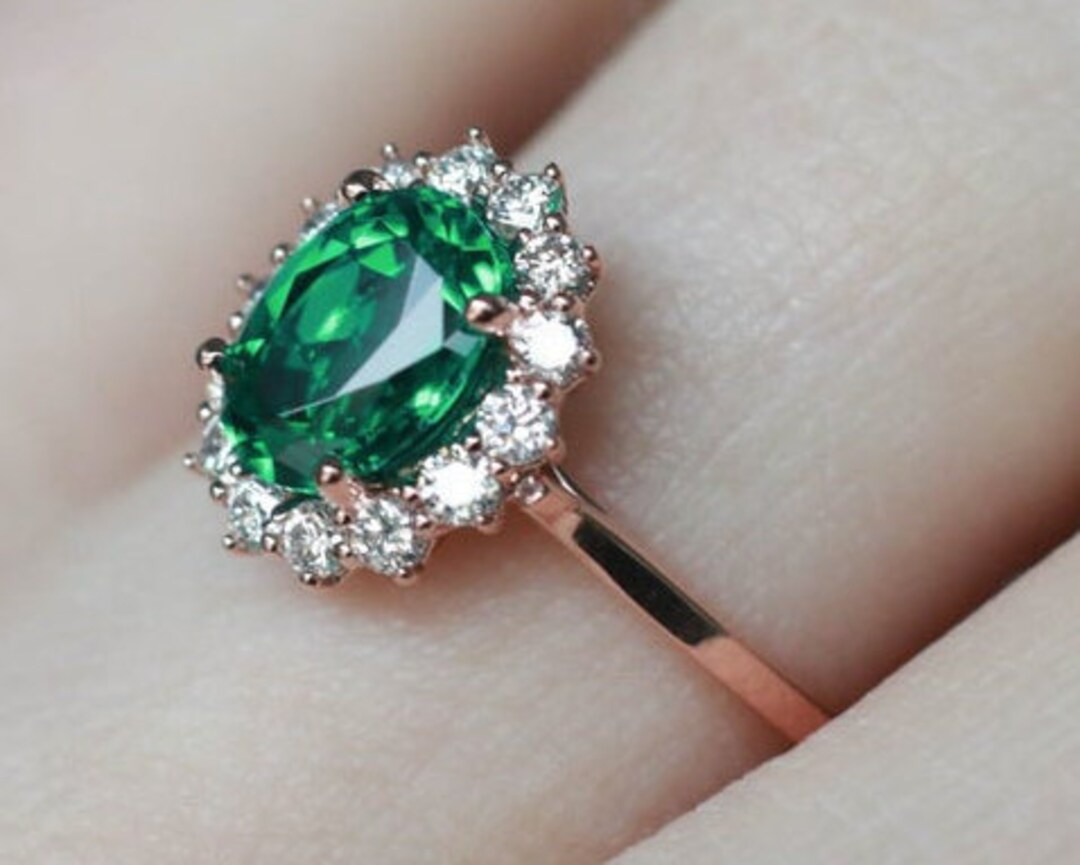 Lab Made Emerald Engagement Ring Unique Halo Wedding Ring 14K Rose Gold ...