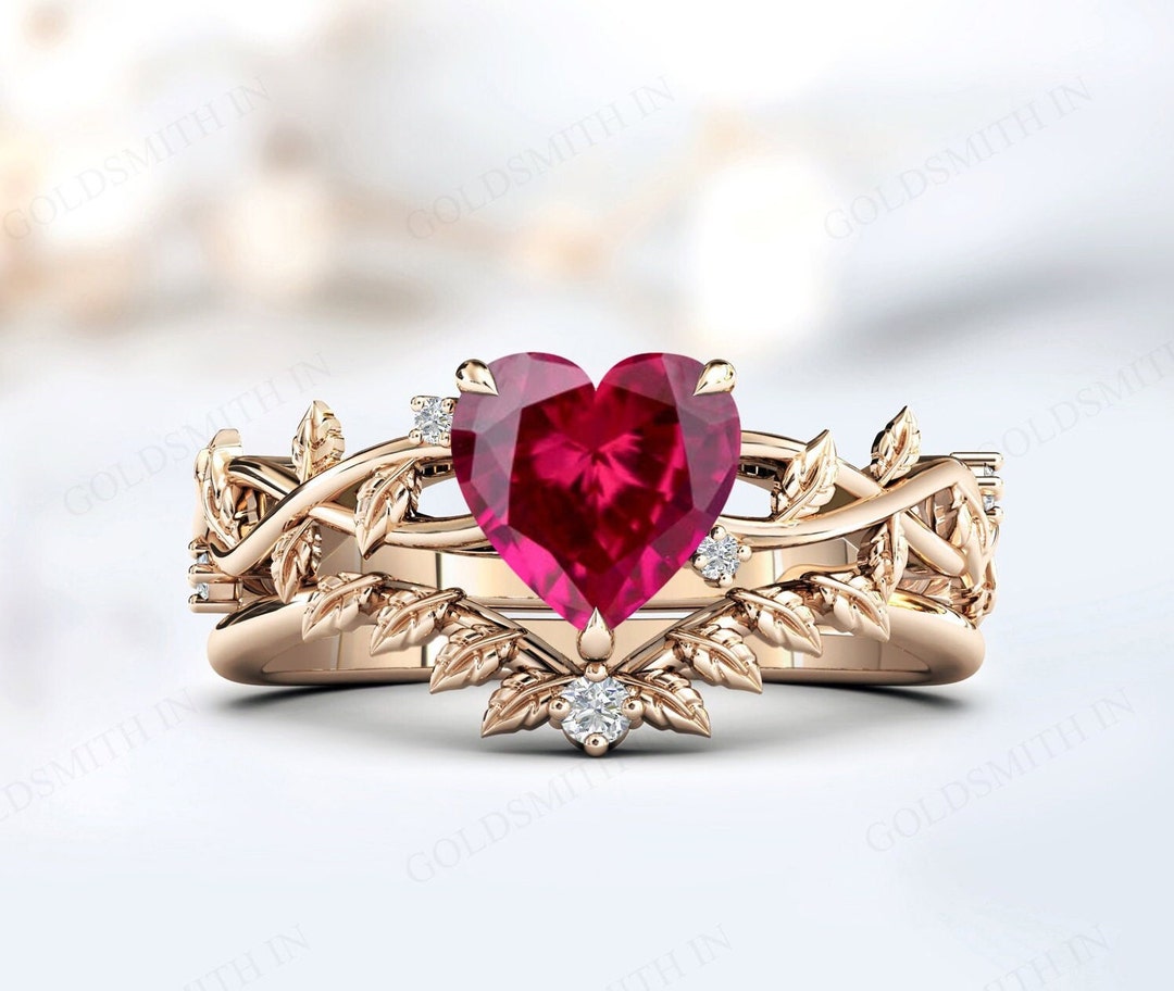 Heart Shape Ruby Engagement Ring Set for Women 925 Silver Leaf Style Wedding Ring Set Art Deco ...