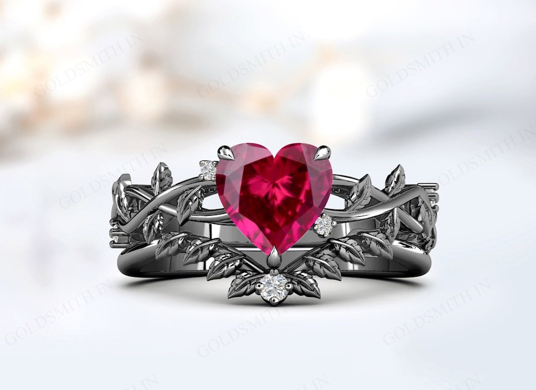 Vine Leaf Style Ruby Engagement Ring Set for Women Art Deco Heart Shape ...