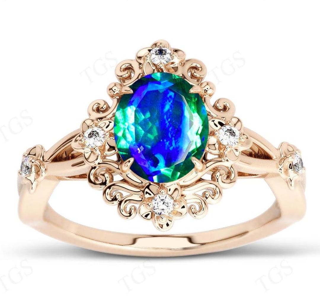 Bio Color Peacock Quartz Engagement Ring for Women Art Deco Green Blue ...