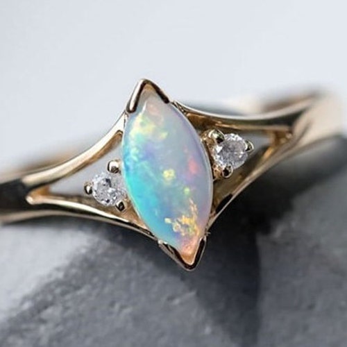 14K White Gold Opal Ring Natural Australian Opals Engagement - Etsy