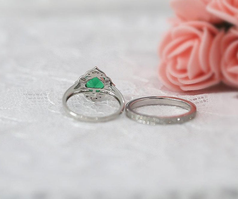 14k White Gold Emerald Wedding Set Art Deco Emerald Bridal | Etsy