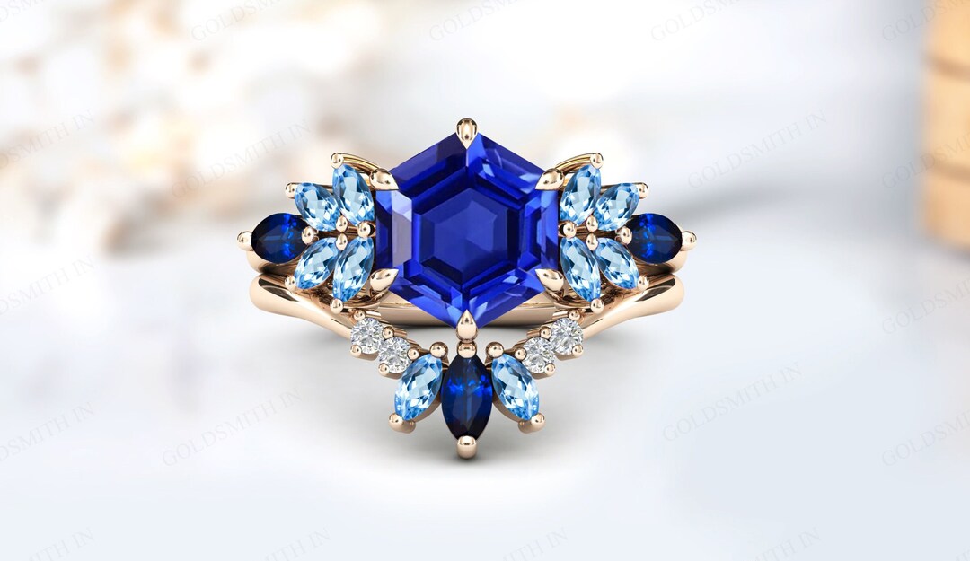 Art Deco Blue Sapphire Engagement Ring Set Unique Hexagon Shaped Blue ...