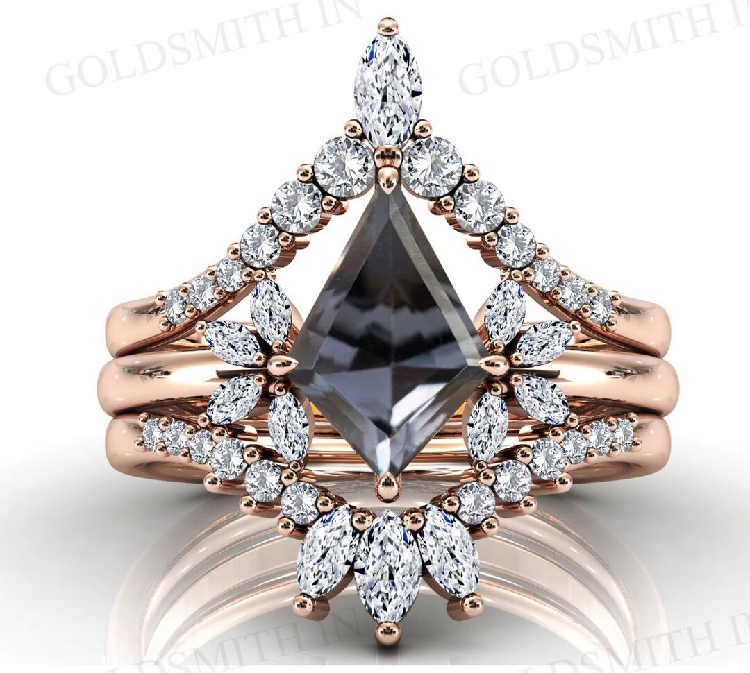 Art Deco Grey Spinel Engagement Ring Set Kite Shaped Grey Gemstone 3 ...
