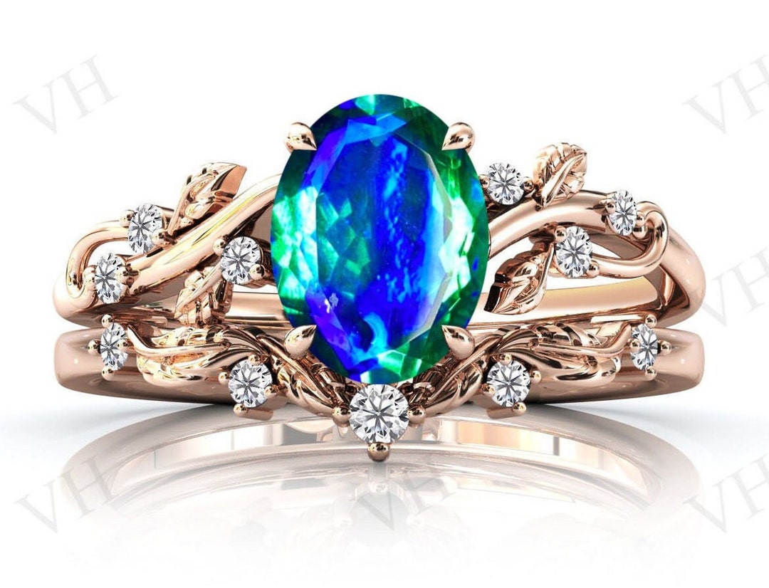 Bio Color Peacock Quartz Engagement Ring Set Art Deco Wedding Ring Set ...