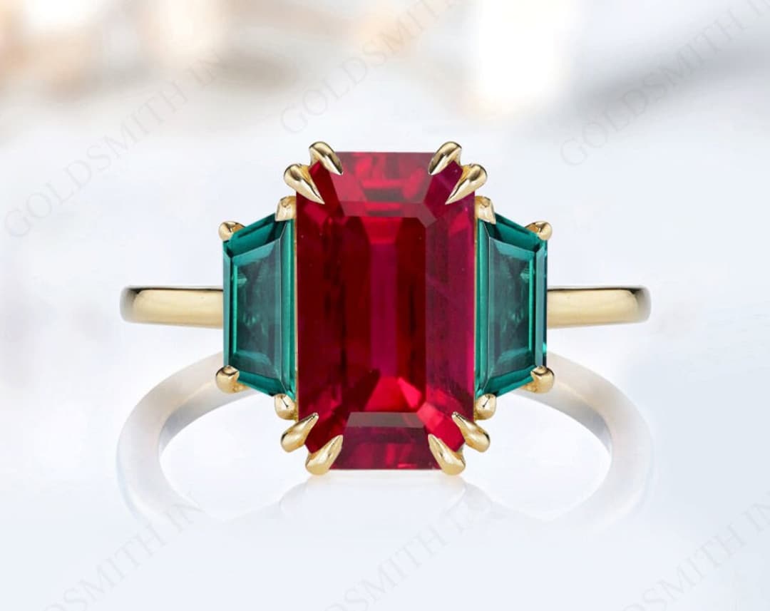 Emerald Cut Ruby Engagement Ring for Women Art Deco Emerald Wedding ...