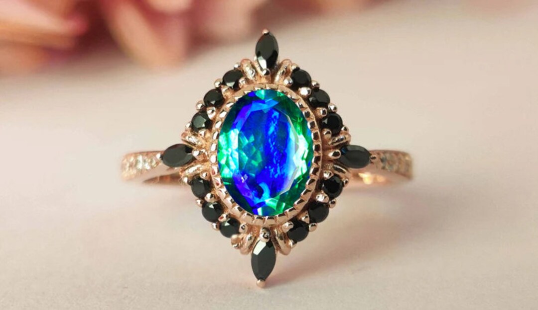 Bio Color Peacock Quartz Engagement Ring Oval Shaped Unique Peacock ...