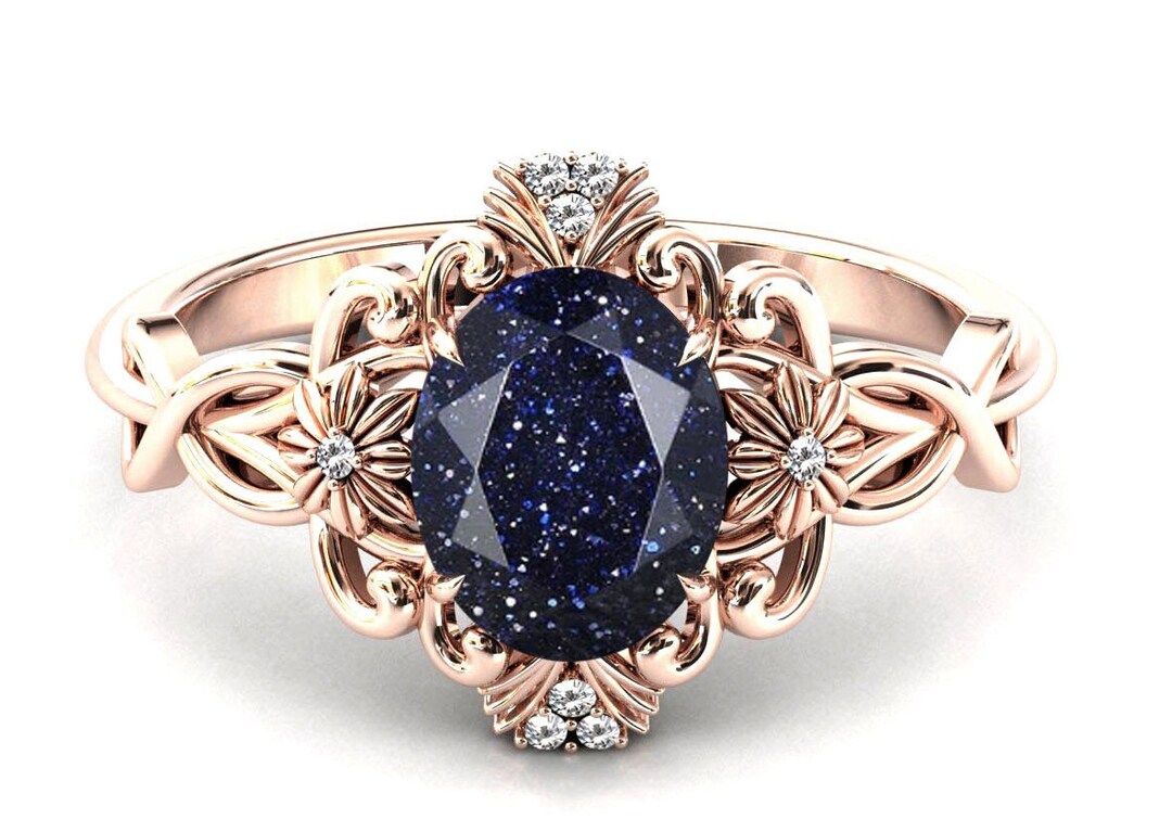 Galaxy Blue Sandstone Wedding Ring for Women Antique Filigree ...
