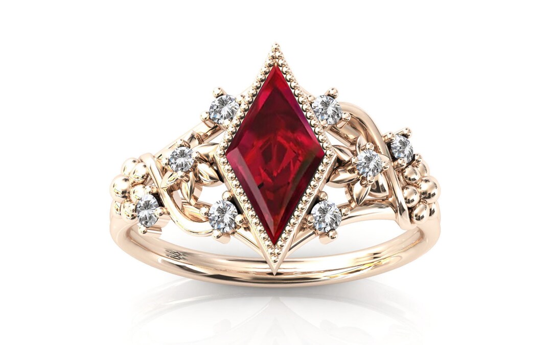 Vintage Ruby Halo Engagement Ring Kite Shaped Ruby Wedding Ring Antique ...
