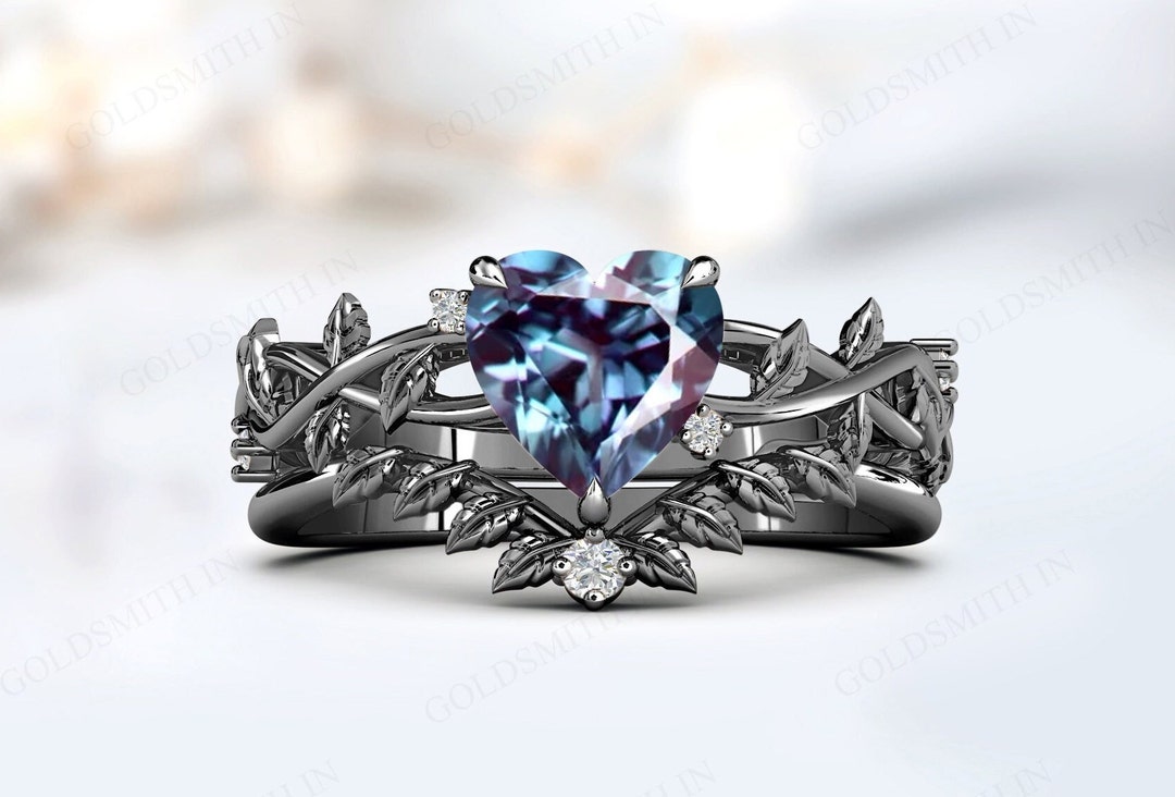 Vintage Alexandrite Wedding Ring Set for Women Art Deco Vine Leaf Style ...