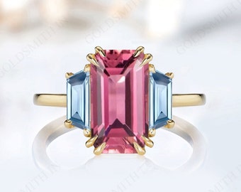 Emerald Cut Pink Tourmaline Engagement Ring Unique Multi Gemstone Ring 14k Gold Pink Tourmaline ...