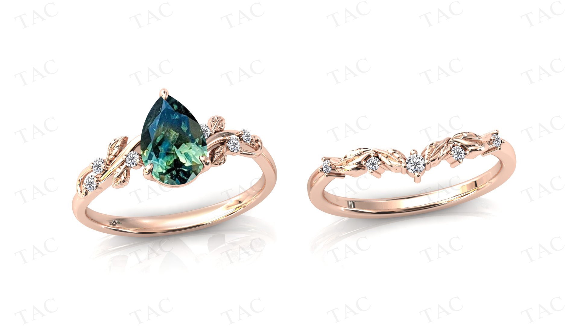 Art Deco Pear Shaped Teal Sapphire Engagement Ring Set Color - Etsy