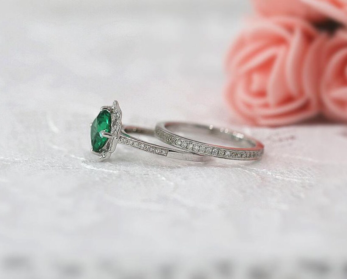 14k White Gold Emerald Wedding Set Art Deco Emerald Bridal | Etsy