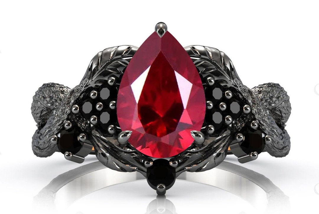 Pear Shaped Ruby Engagement Ring Art Deco Leaf Design Ring for Women ...
