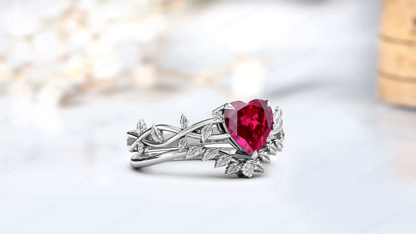 Vine Leaf Style Ruby Engagement Ring Set for Women Art Deco Heart Shape ...
