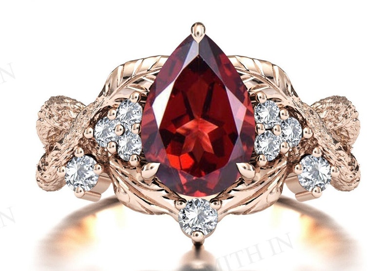 Art Deco Leaf Design Engagement Ring Branch Texture Red Garnet - Etsy