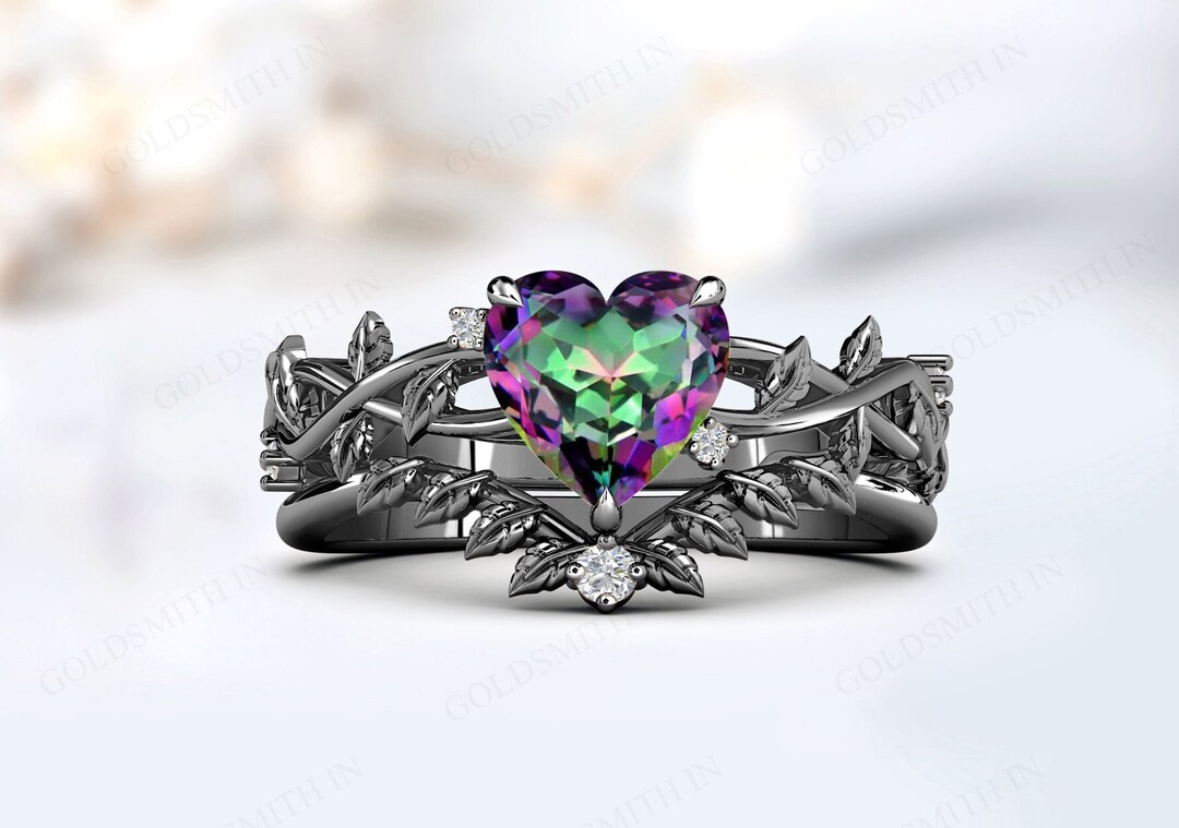 Bio Color Mystic Topaz Wedding Ring Set for Women Vintage Leaf Style ...