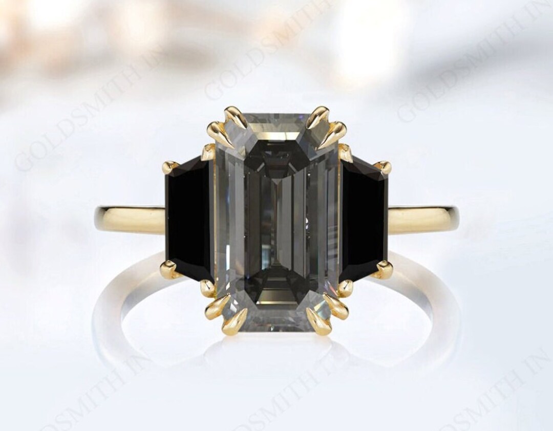 14k Gold Grey Spinal Engagement Ring for Women Emerald Cut Black Onyx ...