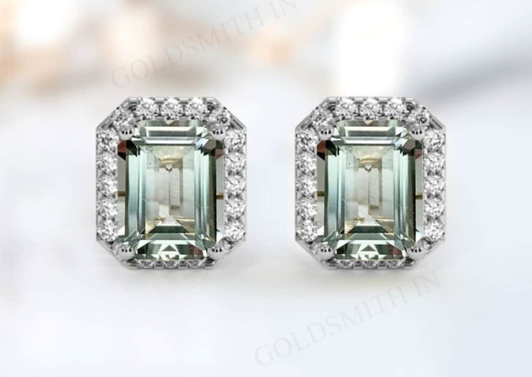 Unique Emerald Cut Green Amethyst Earrings for Women 14k Gold Amethyst ...