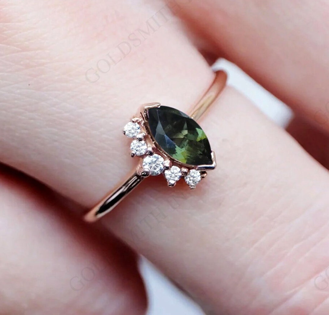 Marquise Cut Moldavite Engagement Ring Sterling Silver Moldavite Dainty ...